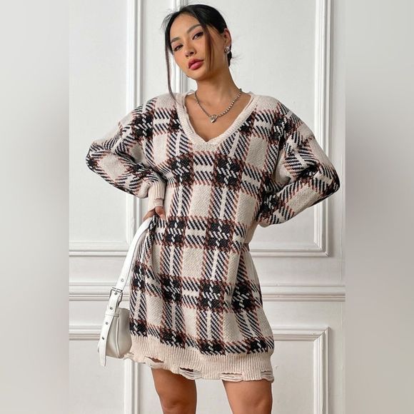 boutique | Sweaters | Pastelyellow Oversized Plaid Vneck Long Sleeve ...